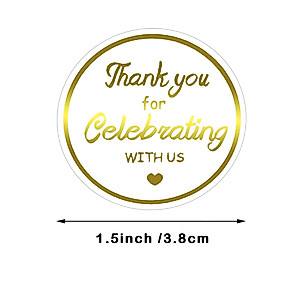 Gold Foil Thank You for Celebrating with Us Sticker Roll 500 Pcs Round Clear Wedding Stickers Glitter Seal Stickers Labels 1.5 Inch