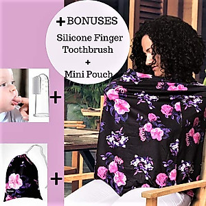 4 in 1 Car Seat Covers for Babies Girl, Nursing Cover Carseat Canopy, Soft and Stretchy Breastfeeding Scarf, Best Gift Set for Infant, Newborn - Floral Black Pink and Purple