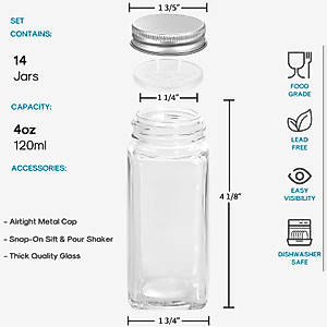 AOZITA 14 Pcs Glass Spice Jars with Spice Labels - 4oz Empty Square Spice Bottles - Shaker Lids and Airtight Metal Caps - Chalk Marker and Silicone Collapsible Funnel Included
