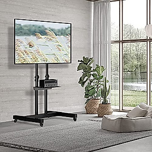 Mobile TV Stand on Wheels for 32-70 inch Flat Screen/Curved TVs, Television Stands with Wheels and Height Adjustable, Rolling TV Stand MAX VESA 600*400mm, TV Cart Rolling TV Stand with Shelf, Black