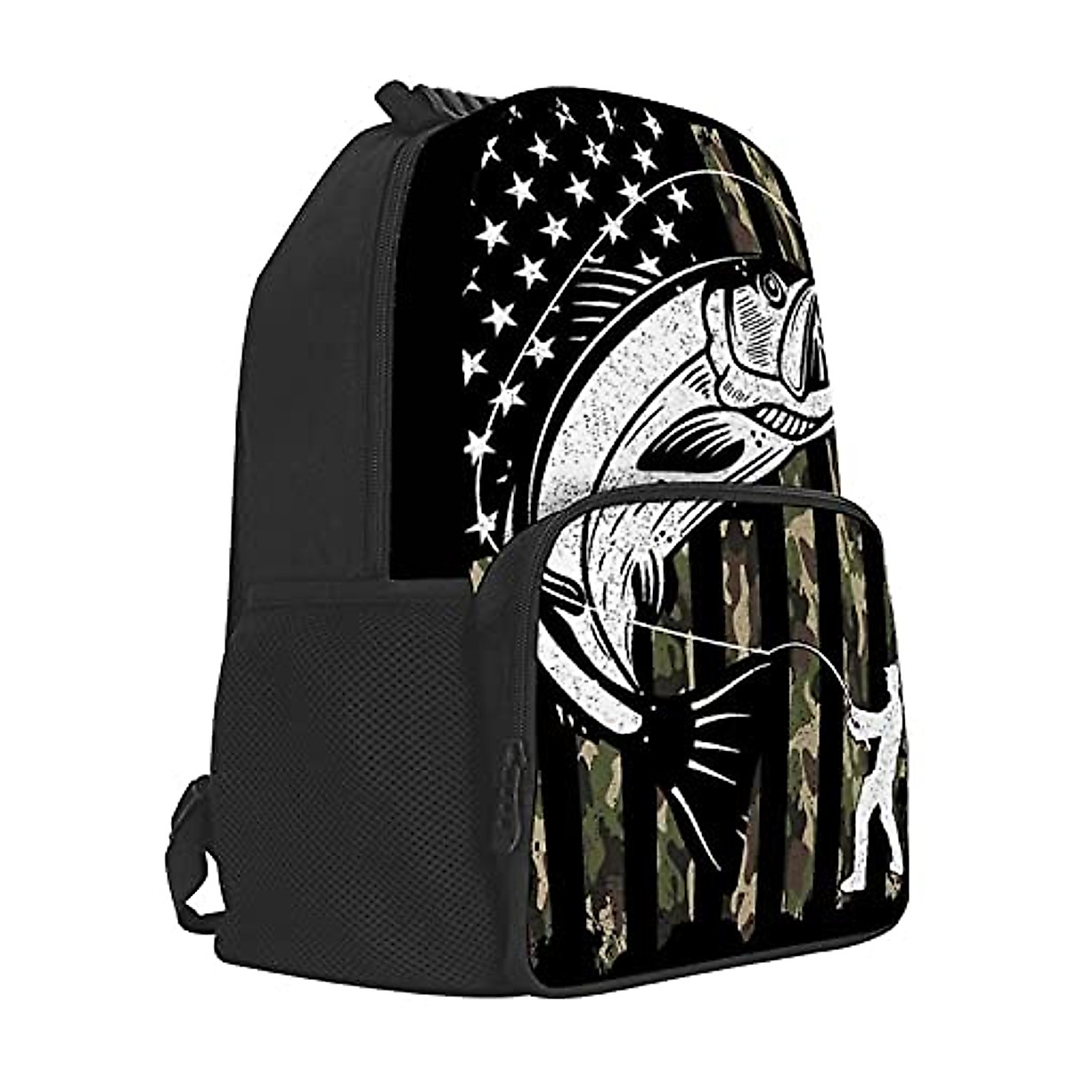 American Flag Camouflage Bass Fishing Printed School Bag Funny Patterned Bookbags For Teenage 16 Inch Shoulder Backpack