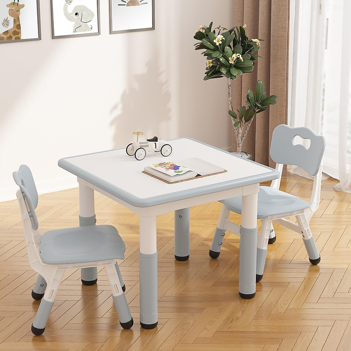 GarveeHome Kids Table and 2 Chairs Set, Height Adjustable Toddler Table and Chair Set, Graffiti Desktop, Children Multi-Activity Table for 2, Kids Study Table for Home Daycare Preschool for Ages 2-8