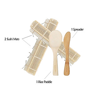 BambooMN Sushi Making Kit, 2x Natural Bamboo Sushi Mat, Paddle, Spreader | 100% Bamboo Sushi Rolling Mat Set