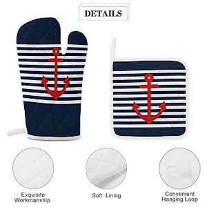 4PCS Oven Mitts Glove Kitchen Heat Resistant Pot Holders Set Navy Blue Nautical Kitchen Microwave Oven Gloves Mitts Anti-Scald Baking Cooking Gloves