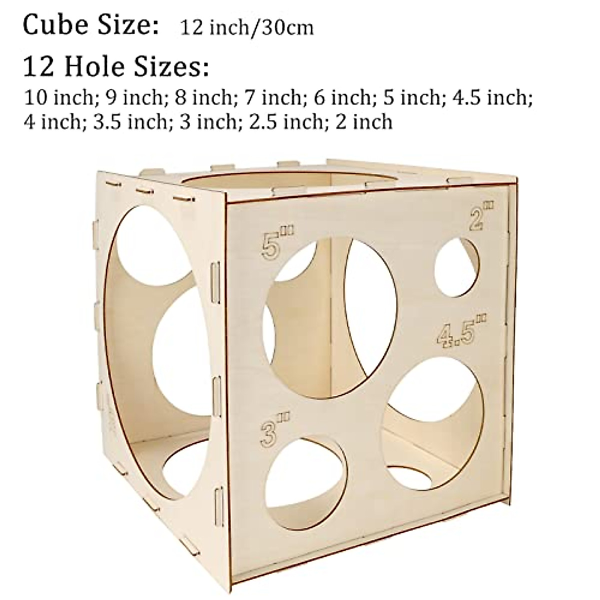 Aoibrloy 12 Holes Wood Balloon Sizer Cube Box, Collapsible Balloon Size Measuring Tool for Balloon Garland Balloon Columns Balloon Arches Decorations (2-10 INCH)