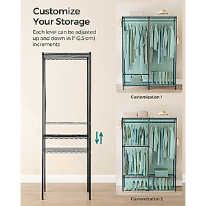 SONGMICS Clothes Rack, Freestanding Wardrobe Closet, Metal Clothing Racks, Heavy-Duty Garment Rack with Adjustable Shelves, Hanging Rods, Dividable, 15.8 x 47.2 x 70.9 Inches, Ink Black ULGR423B01
