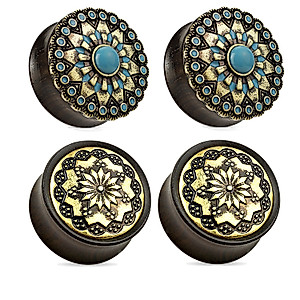 Zaya Body Jewelry 2 Pairs Black Wood Tribal Turquoise Flower Wood Ear Plugs Tunnels 0g 1/2 9/16 5/8 3/4 7/8 1 Inch (7/8 22mm)