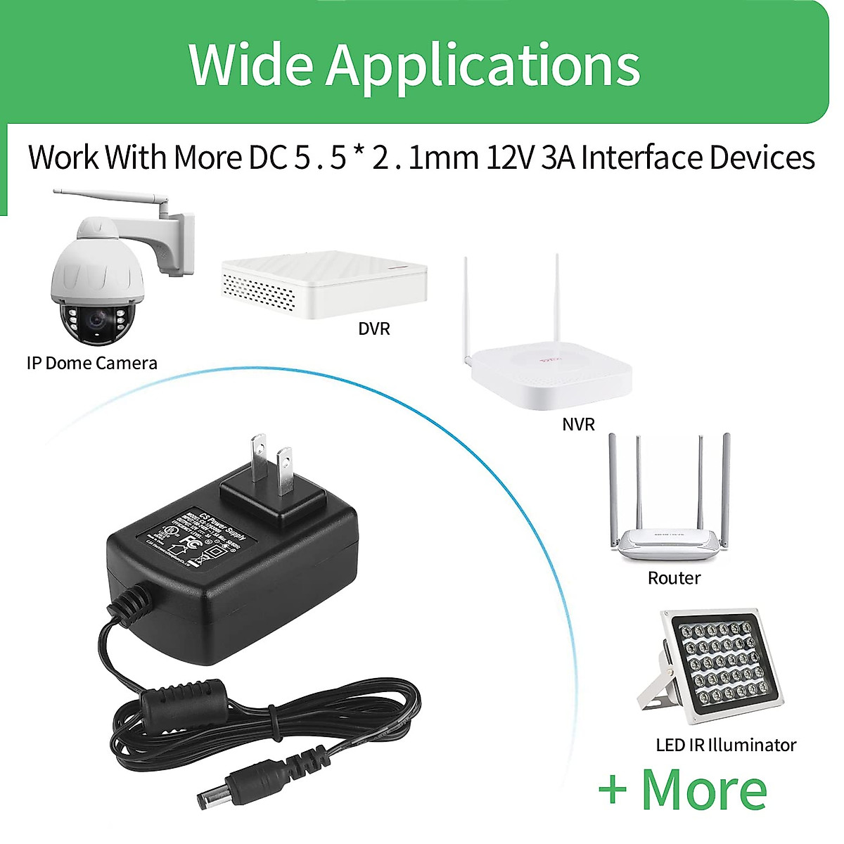 Security-01 [UL Certified] 2-Pack AC 100-240V to DC 12V 3A Power Supply Adapter 5.5mm x 2.1mm for CCTV Camera DVR NVR Led Light Strip UL Listed FCC