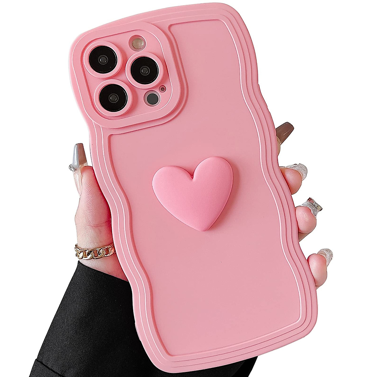 Qokey Case(6.7" 2021), Cute 3D Colors Love Heart Wavy Frame Full Protection for iPhone 13 Pro Max 6.7" Soft TPU Shockproof Phone Cover for Women Girls,Pink