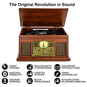 3-Speed Bluetooth Turntable with Stereo Speakers, CD/Cassette Player, FM Radio and Wireless Music Streaming - Mahogany