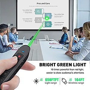 Presentation Clicker Green Laser Pointer, Rechargeable PowerPoint Clicker Wireless Presenter Remote, RF 2.4GHz USB Presentation Pointer Slide Advancer with Hyperlink Volume Control for Mac Computer