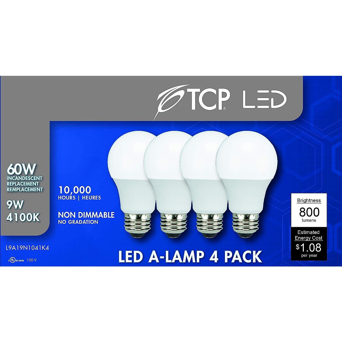 TCP LED 60 Watt Equivalent A19 | 4 Pack | Cool White (4100K) Shatter Resistent | 800 Lumens | 10,000 Hours | Non-Dimmable Light Bulbs