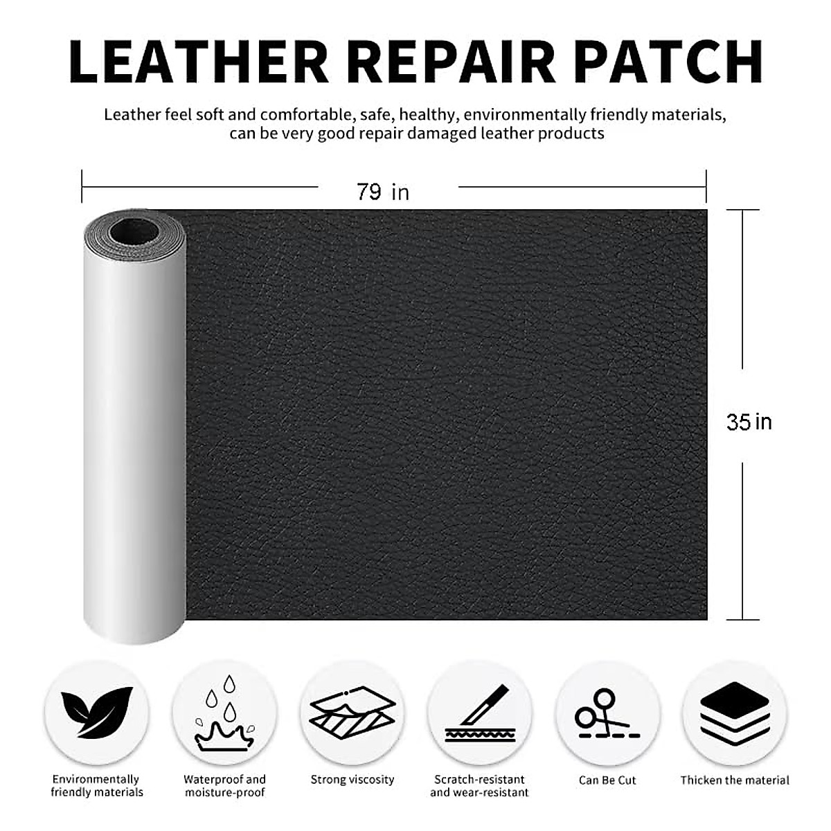 YRTVNOO Premium Self-Adhesive Leather Repair Patch - 35x79 Inches, Waterproof & Durable Leather Repair Tape - Ideal for Furniture, Car Seats, Sofas, Chair - DIY Vinyl Leather Patches Kit, Black