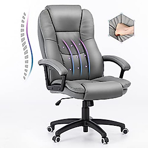High Back Big and Tall Leather Office Chair, Ergonomic Grey Executive Chair, Comfortable Padded Office Chair Adjustable Height Bonded Leather Chairs with Cushions Armrest for Long Time Seating (Grey)