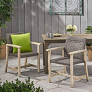 Eartha Outdoor Acacia Wood and Wicker Dining Chair (Set of 2), Light Gray Wash and Mix Black