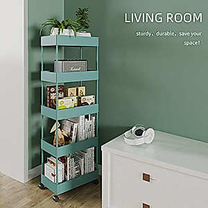 Generic 5-Tier Slide Out Storage Cart Mobile Slim Rolling Trolley on Wheels Space-Saving Shelf for Narrow Gap, Kitchen, Bathroom (Blue)