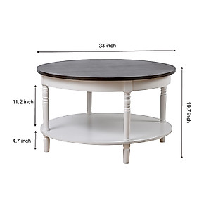 CHEEMHOM Round Coffee Table -33" Solid Wood Farmhouse Table for Living Room, 2-Tier Rustic Circle Desktop with Storage Shelf Modern Design Home Furniture Brown & White