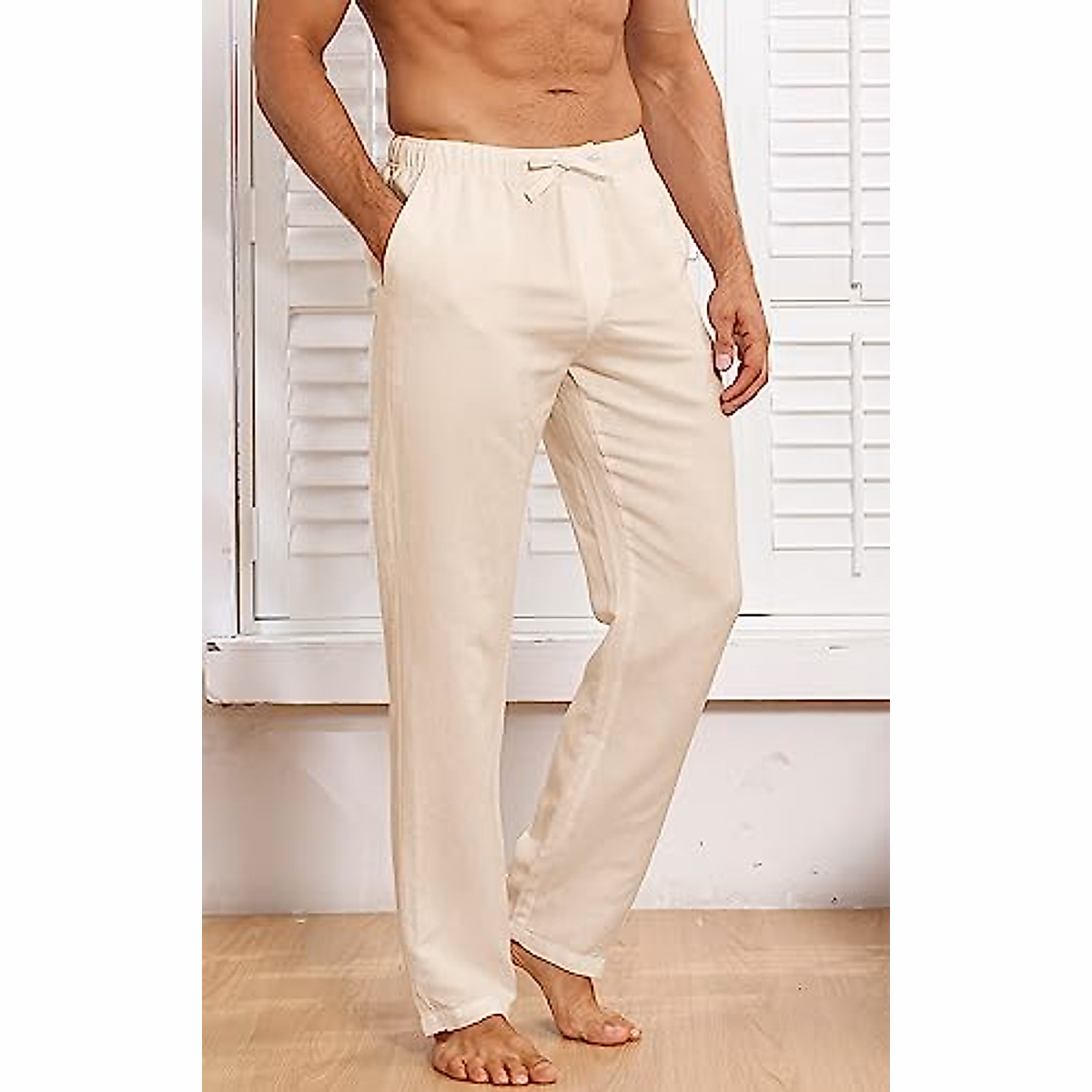 Soojun Mens Linen Pull on Pants with Elastic Waist Casual Yoga Pants, Khaki, Medium/32 Inseam