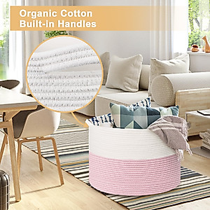 Comfymon Large Blanket Basket, 22" x 22" x 14" Woven Baby Laundry Blanket Basket Toy Basket with Handle, Kids Dog Toy Storage Baskets Organizer Bins, Blanket Storage for Living Room, Pink