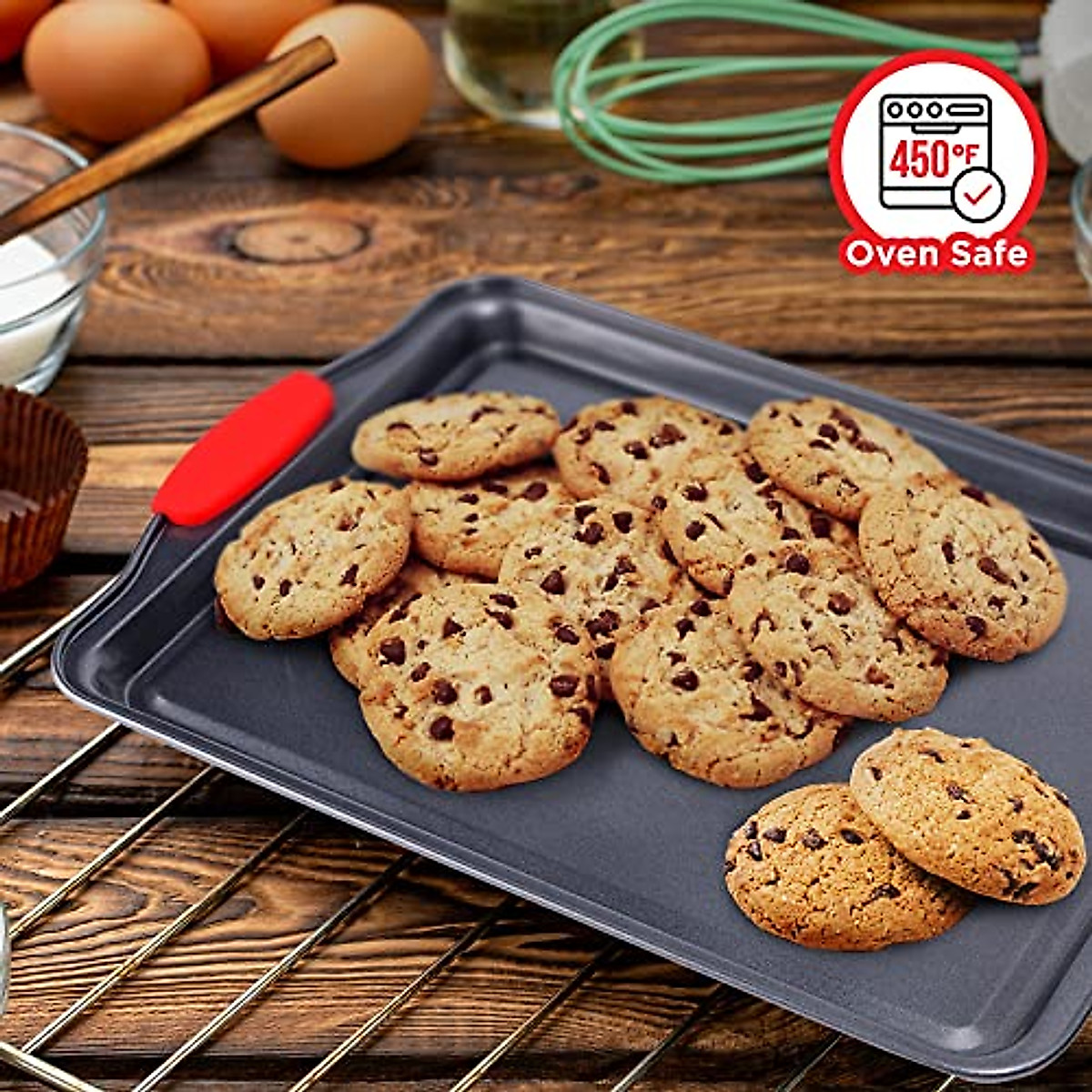 Baking Pan Set – 3 Piece Cookie Sheet – Deluxe Black Non-Stick Carbon Steel – Silicone Handles – Commercial Grade Restaurant Quality – PFOA PFOS and PTFE Free by Bakken
