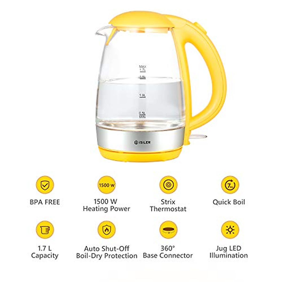 iSiLER 1500W Electric Kettle, 1.7 L Electric Tea Kettle with LED Indicator, Cordless Electric Glass Hot Water Boiler, Portable Teapot Heater Auto Shut-Off & Boil-Dry Protection BPA-Free Yellow