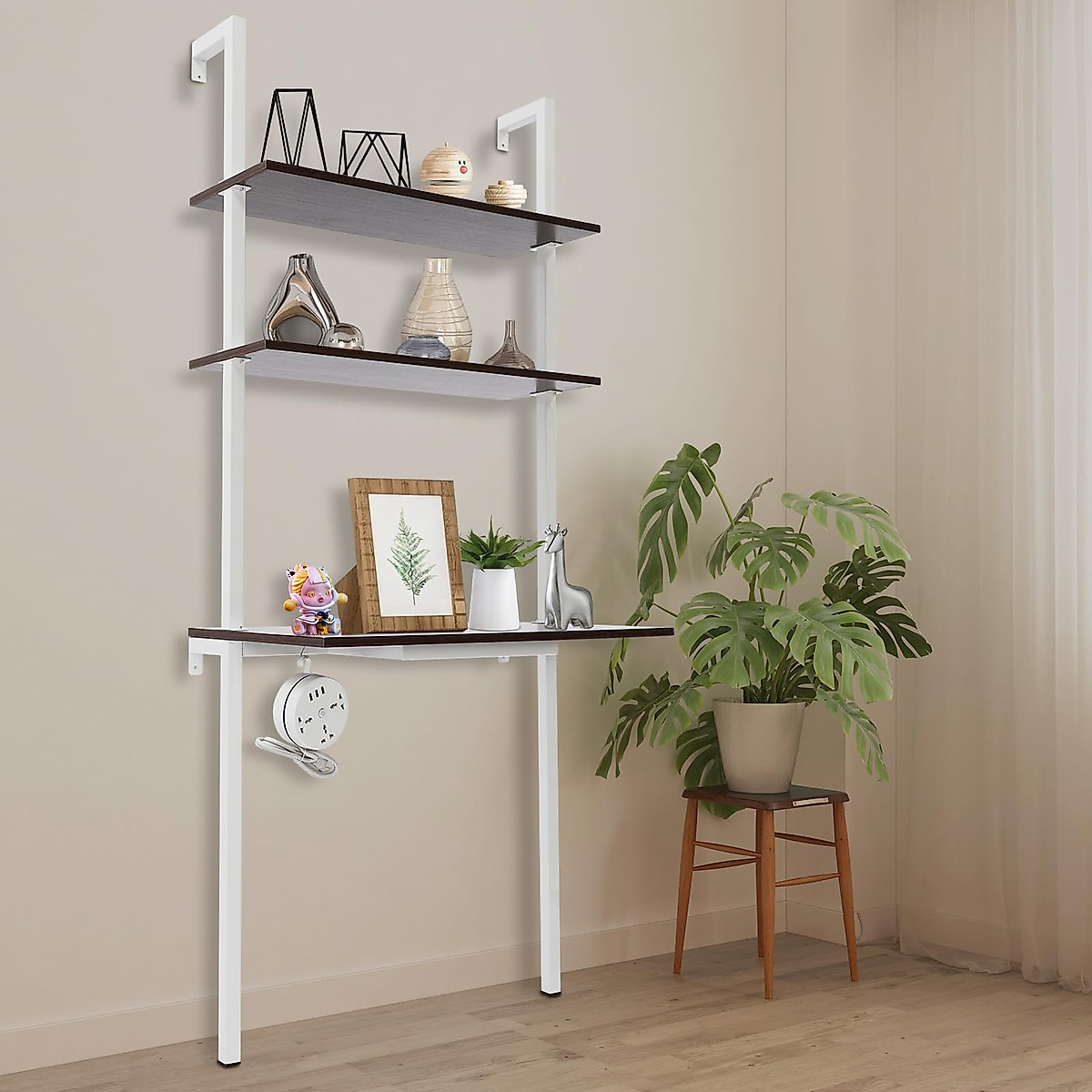 BENTFL Laptop Desk with Shelves, 2-Shelf Wall Mount Desk with Power Strip, Modern Computer Writing Table for Work Platform, Ladder Desk, Shelf Desk, Industrial Desk (Brown, White, 30" x 20" x 72.5")