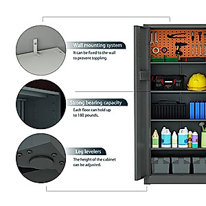 Garage Storage Cabinet 71" Tall Metal Storage Cabinet with 2 Doors and 4 Adjustable Shelf Height and Leg Levelers Includes Pegboard and Accessories for Office, Home, School, Garage