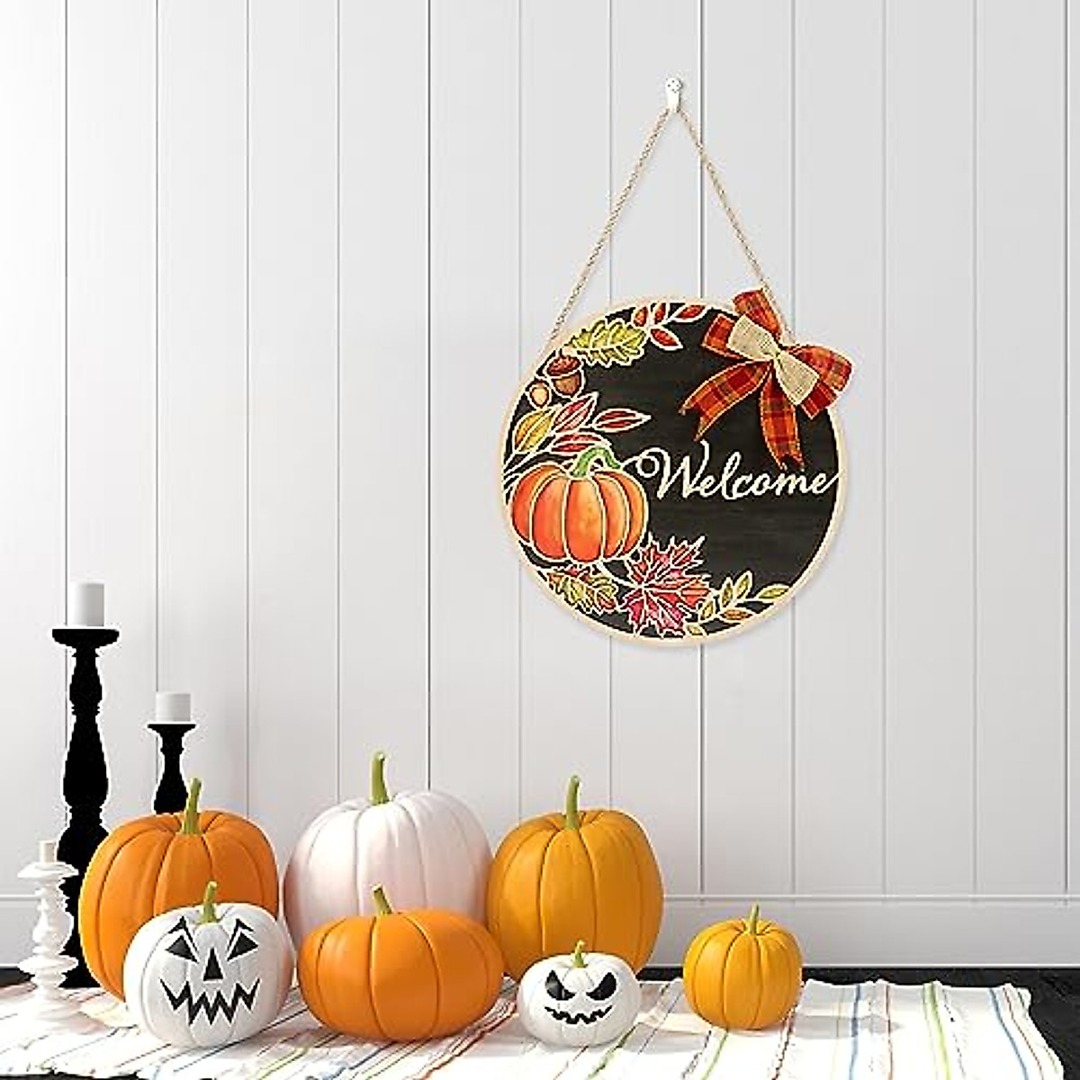 CHDITB Fall Decoration 3D Welcome Front Door Sign Home Decor(11.4”x11.4”), Pumpkin Welcome Sign with Maple Leaves Hazelnuts Plaid Bow, Thanksgiving Farmhouse Wreath for Front Door Porch Outdoor