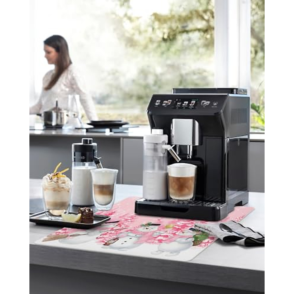 Coffee Mat for Counter,Christmas Snowman Xmas Tree Winter Snowflake Pink Absorbent Hide Stain Coffee Bar Mat,Non-slip Coffee Bar Accessories Kitchen Drying Mat Fit Under Coffee Maker Espresso Machine