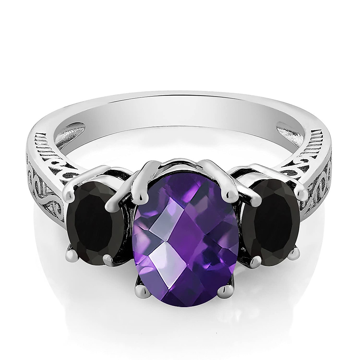 Gem Stone King 925 Sterling Silver Purple Amethyst and Black Onyx 3-Stone Ring For Women (2.38 Cttw, Gemstone Birthstone, Available in size 5, 6, 7, 8, 9)