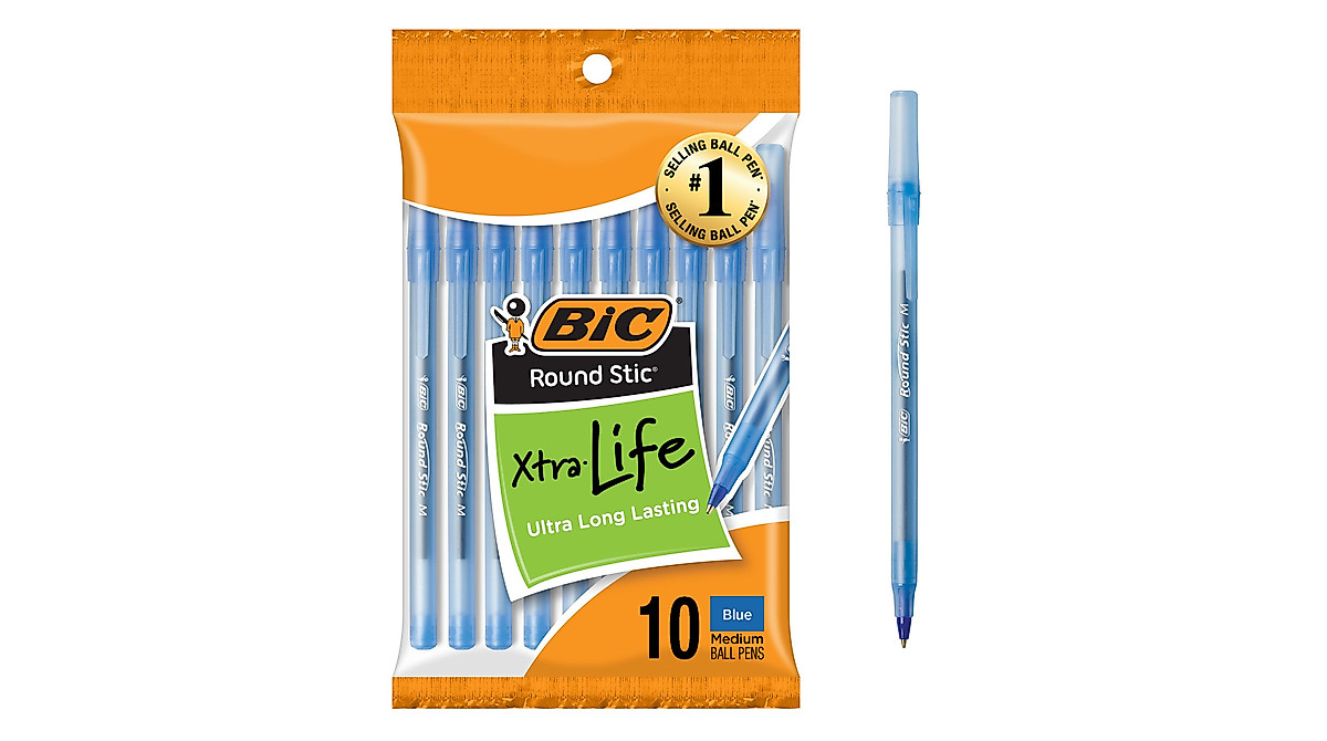 BIC Round Stic Xtra Life Blue Ballpoint Pens - Long-Lasting & Comfortable