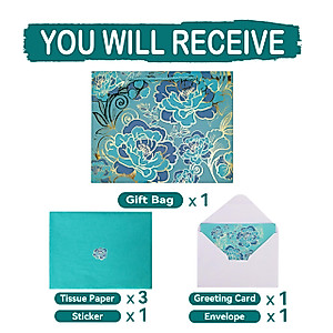 13" Large Rose Green Gift Bag Set with Greeting Card and Tissue Paper(Foil Traced Flowers) for Celebrating Birthdays, Valentine's Day, Weddings, Anniversaries, Mother's Day- 13”x5.2”x10.2”,1 Pcs.