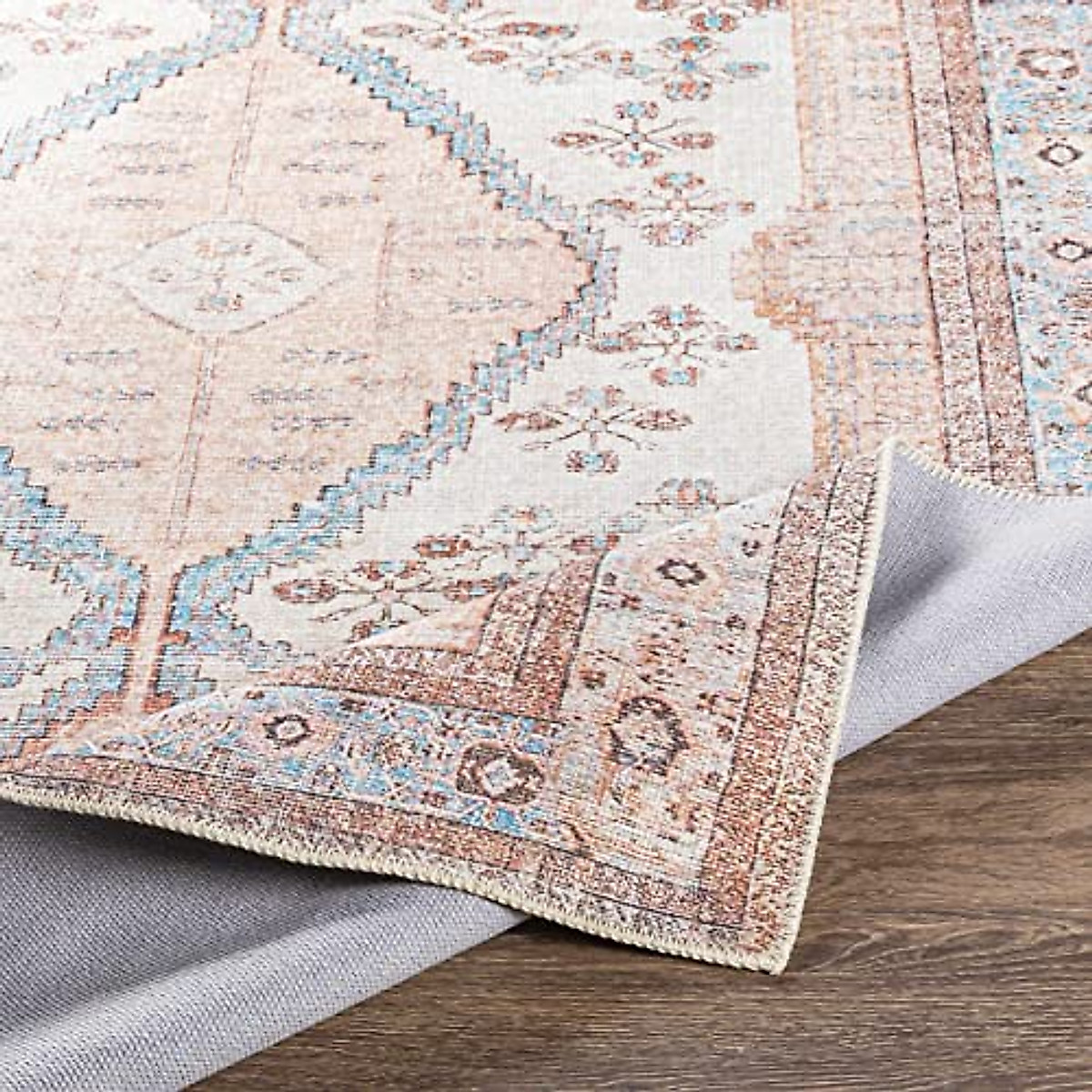Moora Machine Washable Area Rug - Oriental Persian Medallion Pattern - Bohemian Floral Living Room Carpet - Pink, Blue, Beige, Cream - 7'10" x 10'2"