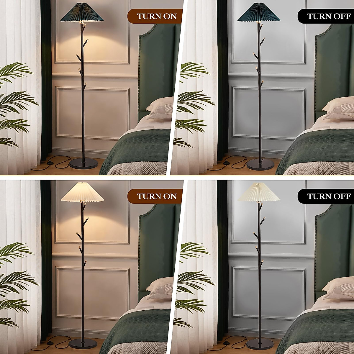 Unique Floor Lamps Modern,Black Simple Floor Lamp with Coat Rack,Tree LED standing lamp ,Lamparas De Pie Para Sala for Living Room Office or Bedroom - Includes Two Pleated Lampshades (Beige+Green)