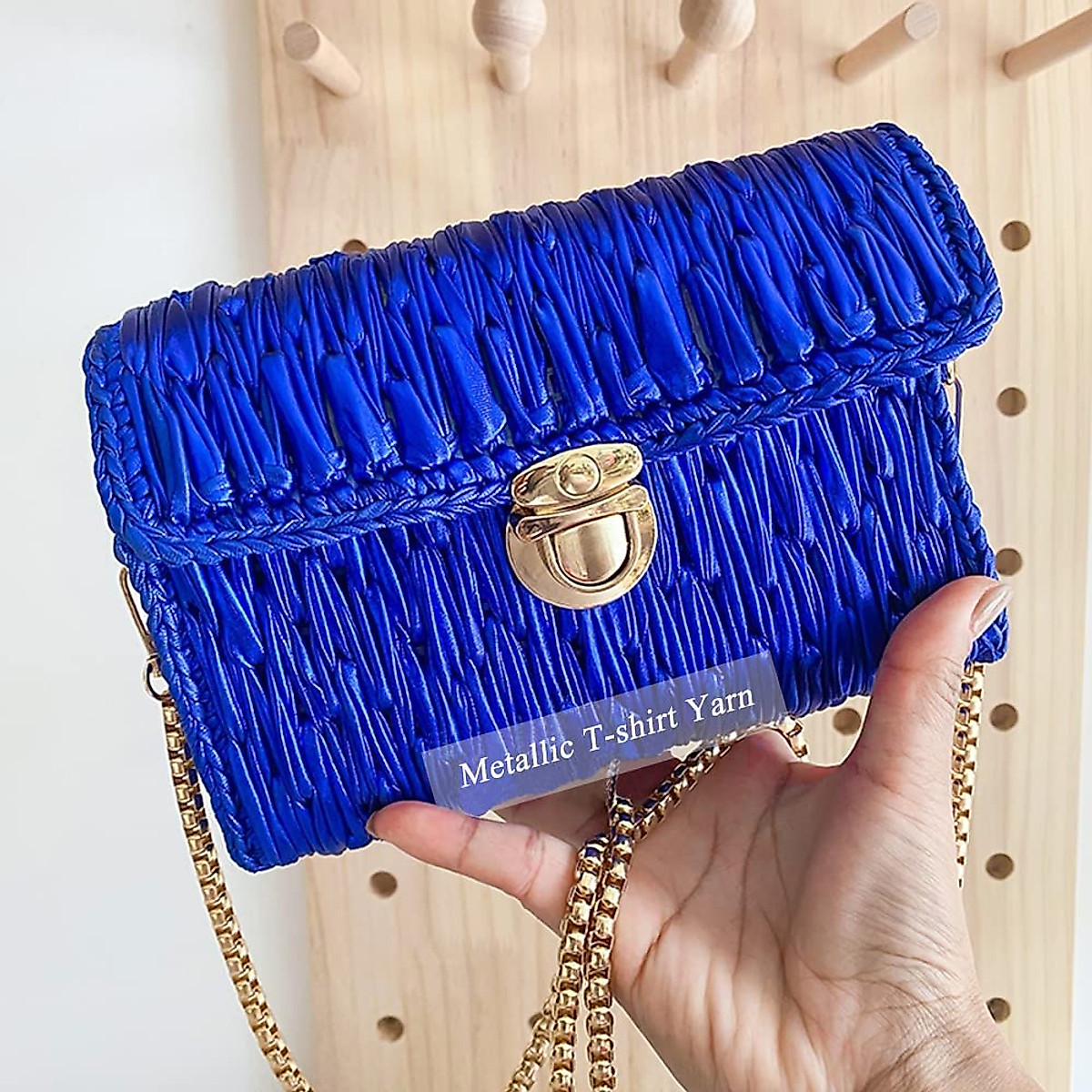 Metallic T-Shirt Yarn 140 Yards Knitting Yarn Fabric Crochet Cloth Shiny Tshirt Yarn for Crocheting Beginners DIY Hand Craft Bag Blanket Cushion Projects (Blue)