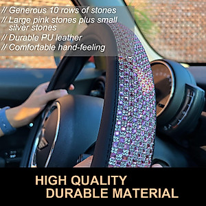PINCTROT Bling Bling Comfy Steering Wheel Cover with Jumbo Crystal Rhinestones, Anti-Slip Diamond Leather, Universal 14.5-15 Inch (Pink)
