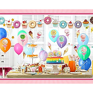 Sepamoon 32 Pcs Candy Party Decorations Includes Ice Cream Cut Outs Donuts Cutouts Round Lollipop Cupcakes Candyland with Glue Point Dots for Classroom Home Room Decor