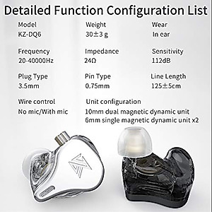 KZ DQ6 Wired Earbuds Noise Cancelling Earbuds with Microphone HiFi Bass Earphones with Detachable Tangle-Free Cable 2Pin (Silver)