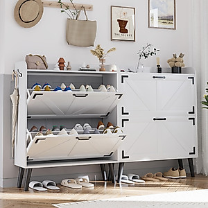 TXGDPIONEER Narrow Shoe Storage Cabinet,Hidden Shoe Cabinet with 4 Wooden Legs,31.5" W Farmhouse Style Freestanding Shoe Rack,White Shoe Cabinet with 2 Flip Drawers for Entryway,Hallways