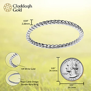 10K White Gold Dainty Stackable Rope Cable Design Thin Slender Band Ring - Size 5-1/4