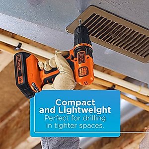 BLACK+DECKER 20V MAX Cordless Drill and Driver, 3/8 Inch, With LED Work Light, Battery and Charger Included (LDX120C)