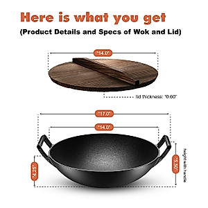 Klee Pre-Seasoned Cast Iron Wok Pan with Wood Wok Lid and Handles - 14" Large Wok Pan with Flat Base and Non-Stick Surface for Deep Frying, Stir-Frying, Grilling, Steaming - Stovetop and Oven Safe