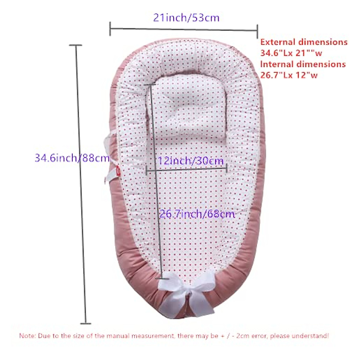 Baby Lounger for Newborn 100% Cotton Baby Nest Co-Sleeper for Baby in Bed Infant Newborn Lounger Adjustable Size & Strong Zipper Lengthen Space to 3 Tears Old(Polka Dot Red)