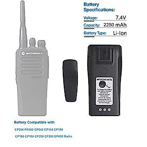 Nozza NNTN4497CR 7.4V 2250mAh Li-ion Battery High-Capacity Compatible for Motorola Radio NNTN4496 NNTN4497 CP040 CP150 CP200 CP200D CP200XLS CP250 EP450 DEP450 PR400 GP3188 GP3688 with Belt Clip