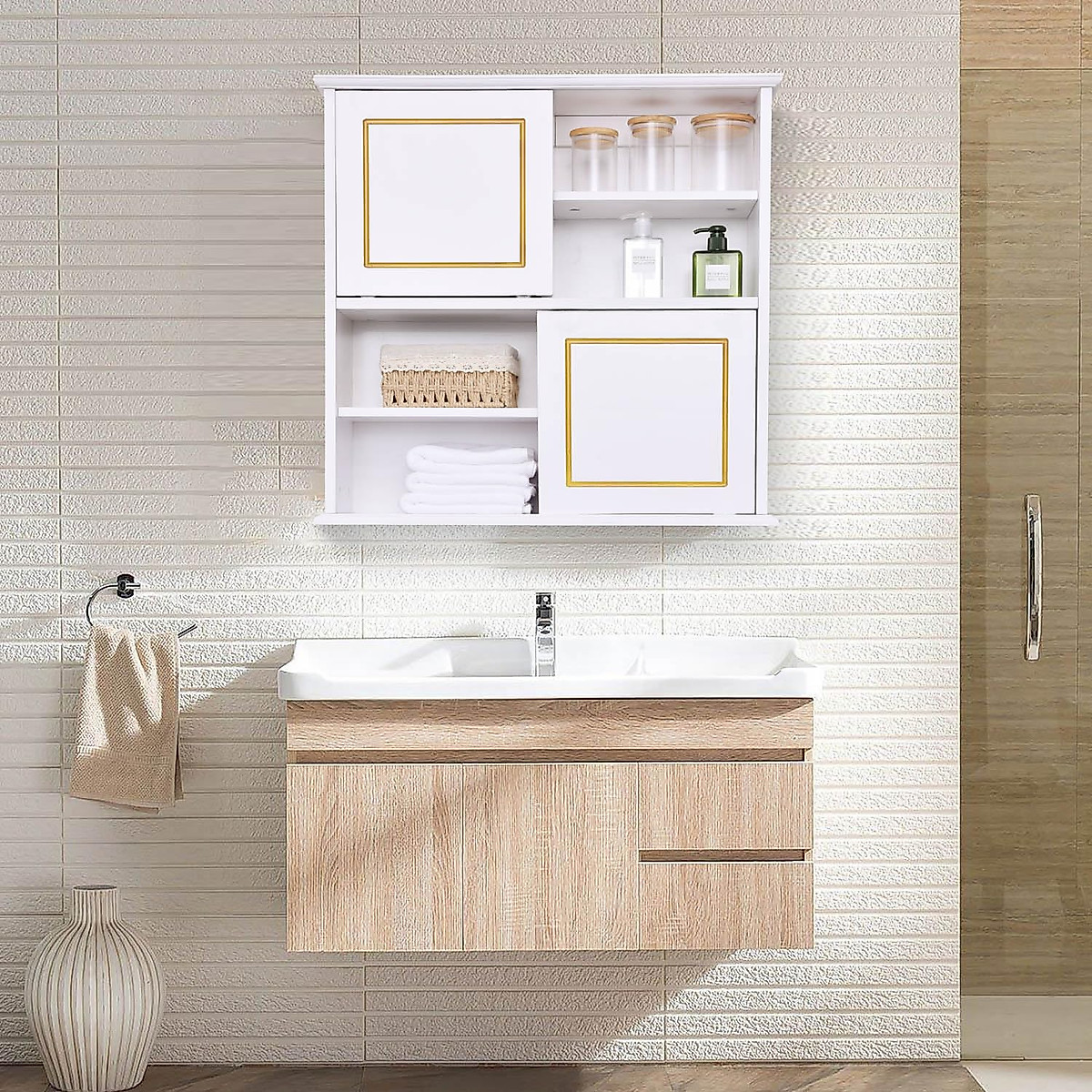 Ceredeme Wall Storage Cabinet, Bathroom Medicine Cabinets with Sliding Door and Adjustable Shelves, Wood Fashion Cabinet for Bathroom, Kitchen, Living Room, White