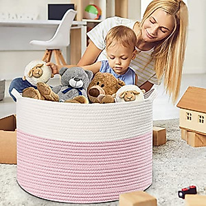 MXMHOME Large Woven Rope Basket With Handles Basket for Blankets for Living Room Large Baby Cat Dog Toy Storage Basket Wicker Woven Big Round Laundry Basket Hamper (23.6”x14.1”), XXXL, Pink