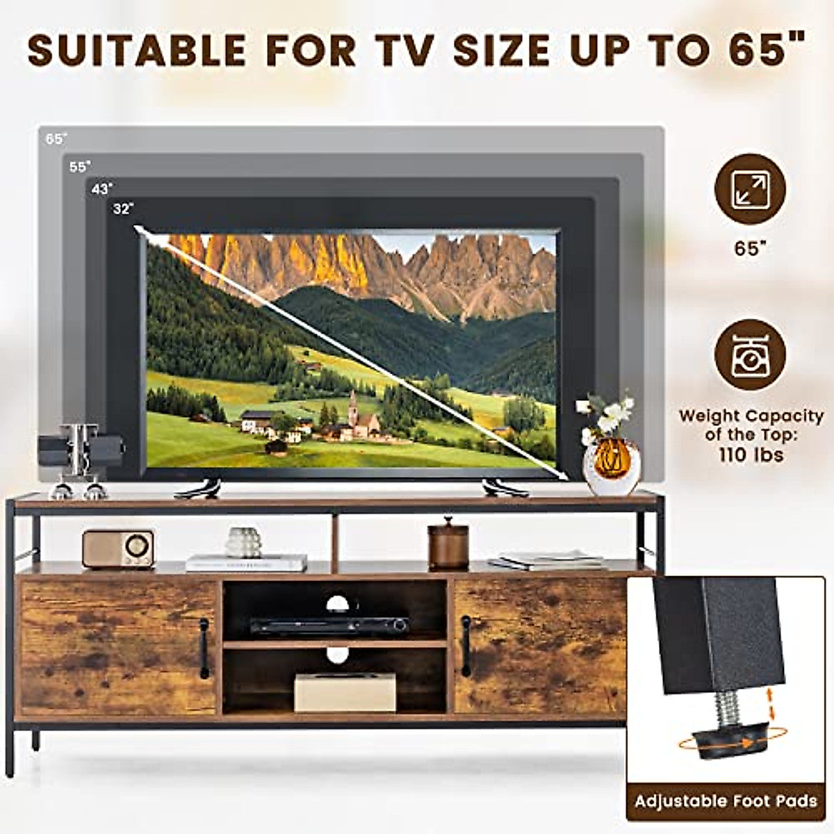 Tangkula TV Stand for TVs up to 65”, 58” TV Console Table w/Side Cabinets & Adjustable Shelf, Entertainment Center Media Console w/Cable Manage Holes, TV Storage Cabinet for Living Room (Rustic Brown)