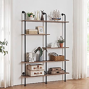 HOMISSUE Industrial Bookshelf 5-Tier Open Wall Mount Ladder Bookshelf, Modern Bookcase with Metal Frame and Wood for Home Office, Wall Mounted Industrial Iron Pipe Shelf, Oak Brown