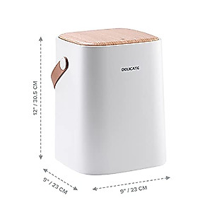 Nordic Style Garbage Can - Double Barrel Trash Can - Plastic Trash Can w/ One Press Lid - 10L/2.6Gal Waste Basket w/ Leather Handle - Modern Recycling Bins for Kitchen - Bathroom Trash Can in White & Wood