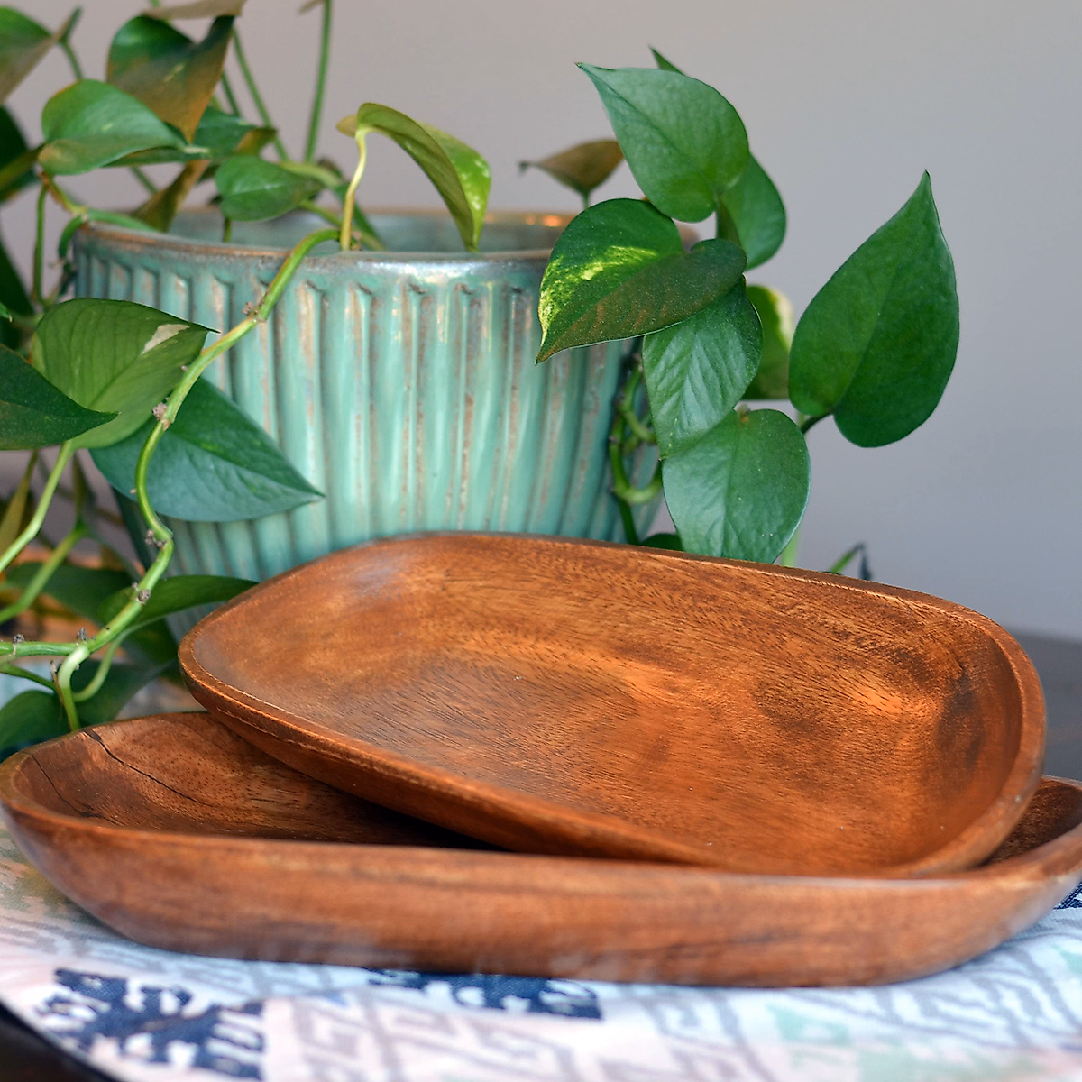 Farmers Market Artisinal Lop-Sided Wooden Trays, Set of 2, Low Rise Rim, Hand Carved, Natural Hard Wood, Rustic Design, 14.25 and 12.5 Inches